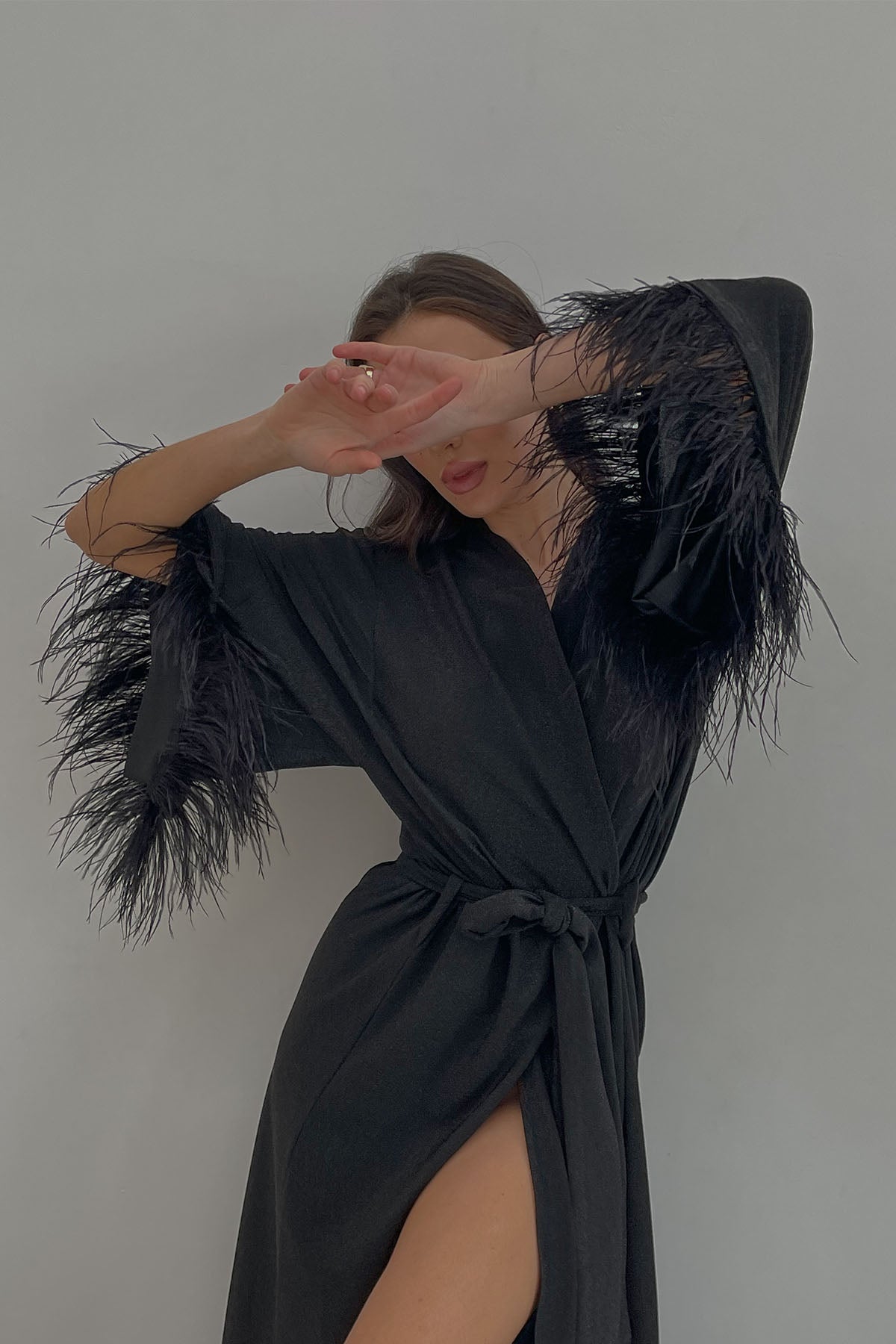 Aster black shiny kimono robe with feathers by Angie's Showroom – Pomp ...